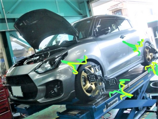 ZC33S型スイフトスポーツ、車高調の取り付け手直し＆1G締め＆アライメント調整！ | 店舗おススメ情報 | タイヤ館 おゆみ野（千葉県）